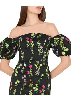 MILLY Nira Off-shoulder Embroidered Midi Dress - Black Mult