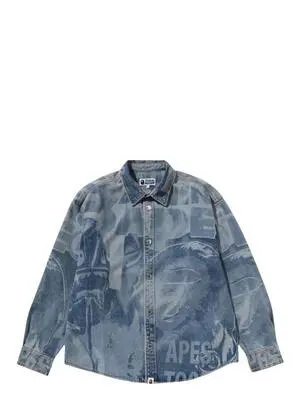 A BATHING APE Overall Lasered Denim Long Sleeve Shirt Light Indigo