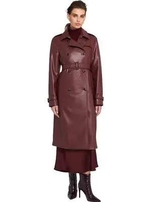 ELLE COLLECTION Faux Leather Trench Coat - Wine