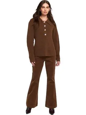 ELLE COLLECTION Fuzzy Knit Henley Sweater - Chocolate