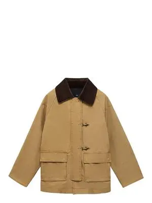 Mango Cotton Canvas Coat With Corduroy Collar - Medium Brown