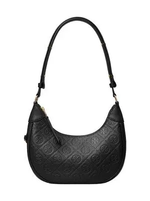 Tory Burch T Monogram Pebble Leather Crescent Shoulder Bag - Black