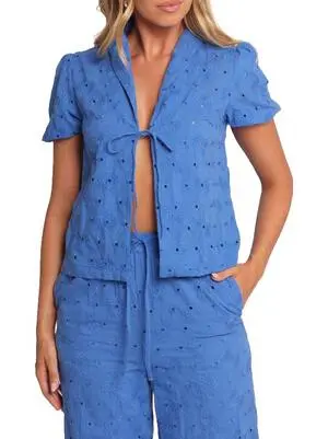 PETAL & PUP Eyelet Embroidered Tie Front Cotton Top - Cobalt
