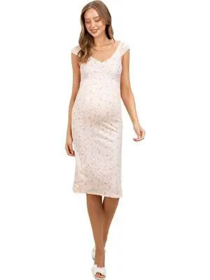 PINKBLUSH Floral Ditsy Cap Sleeve Side Slit Maternity Midi Dress - Light Pink