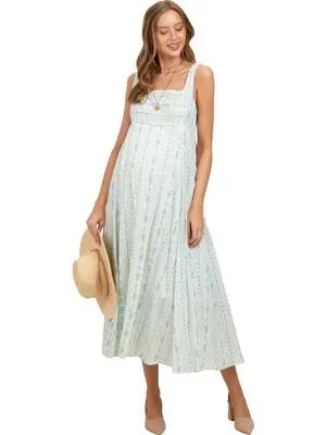 PINKBLUSH Cotton Floral Square Neck Sleeveless Maxi Dress - Light Blue