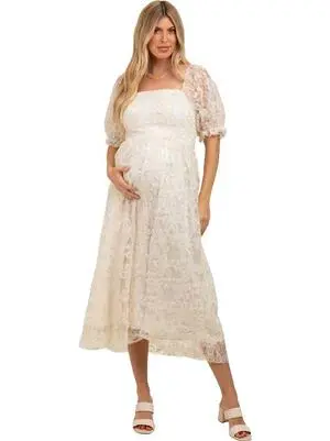 PINKBLUSH Floral Mesh Overlay Tie Back Maternity Midi Dress - Cream