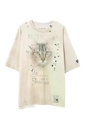 Mihara Yasuhiro Cat-print Distressed T-shirt - Grey