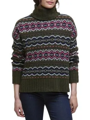Barbour Fair Isle Wool-Blend Turtleneck Tunic Sweater Olive Multi