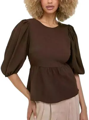 NOTES DU NORD Puff-sleeve Peplum Top - Brown