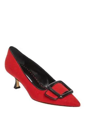 Manolo Blahnik Maysale Buckle Pointed Toe Pump - Black/red