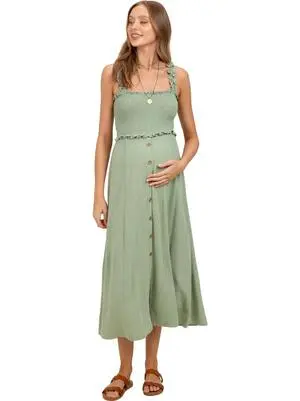 PINKBLUSH Smocked Button-front Linen Blend Midi Dress - Light Olive