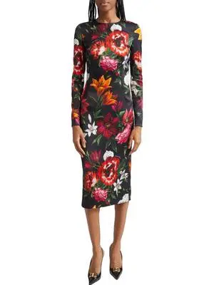 Dolce & Gabbana Floral Print Long Sleeve Satin Sheath Dress - Hn5pb Anemoni Gigli F.nero