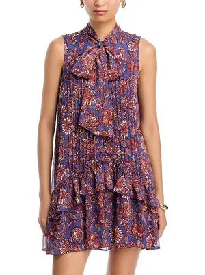 Aqua Printed Tie Neck Ruffle Dress - Blue/pink