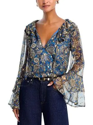 Aqua Block Floral Metallic Dot Ruffle Tie Front Blouse - Blue