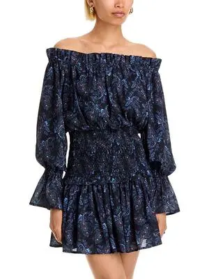 Aqua Off-the-shoulder Smocked Mini Dress - Blue Multi