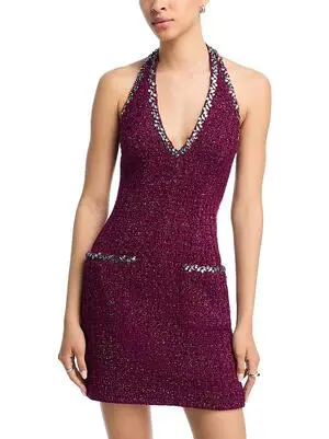 Aqua Tweed Halter Mini Dress - Burgundy