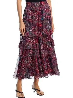 Aqua Paisley Tiered Boho Maxi Skirt - Brown Multi