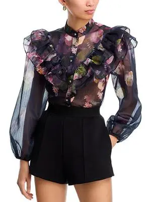 Aqua Floral Ruffled Blouse - Black Multi