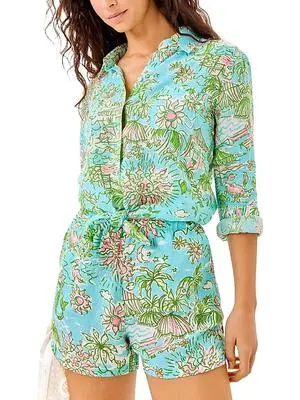 LILLY PULITZER Sea View Button-down Top - Fresh Water Blue Sunbathers Bliss