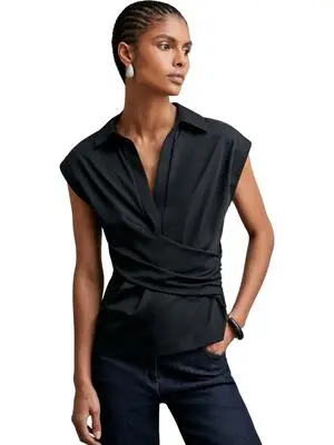 REISS Stretch-cotton Jersey Wrap-front Top - Navy