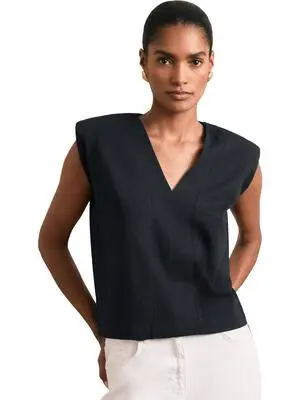 REISS Dixie Cotton V-neck Top - Navy