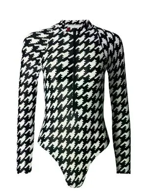 Perfect Moment Houndstooth Long-sleeve Half-zip Swimsuit - Black