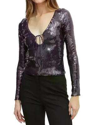 Bardot Sequin Tie-neck Top - Purple