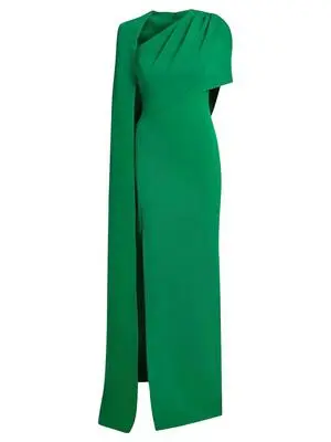 Safiyaa Asymmetric Cape Column Gown - Green