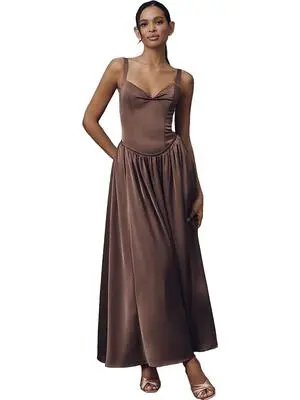 Bhldn Seraphina Corset Stretch Satin Maxi Dress - Chocolate