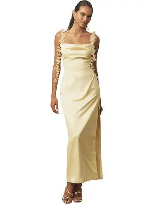 Bhldn Arabella Tendril-sleeve Satin Maxi Dress - Butter Yellow