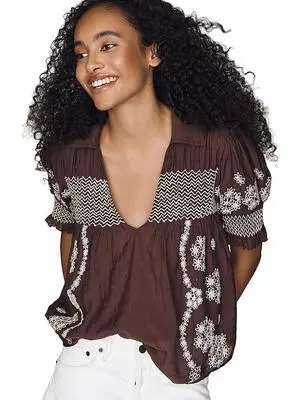 Anthropologie Short-sleeve Embroidered Top - Brown