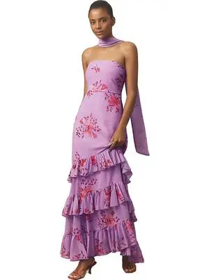 Bhldn Molly Strapless Chiffon Scarf Maxi Dress - Electric Lilac Floral
