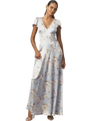 Bhldn Sammie Short-sleeve Bow-back Satin Maxi Dress - Sky Blue Peony Bouquet