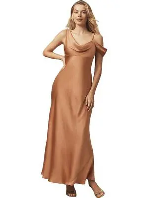 Bhldn Abigail Asymmetric Cowl-neck High-shine Satin Maxi Dress - Copper
