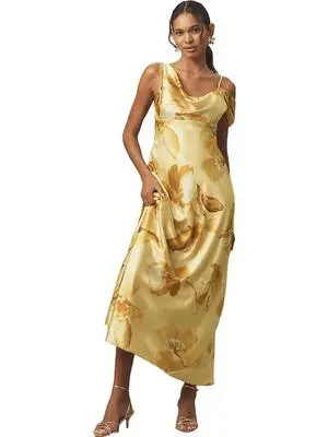 Bhldn Abigail Asymmetric Cowl-neck High-shine Satin Maxi Dress - Gold Painted Floral