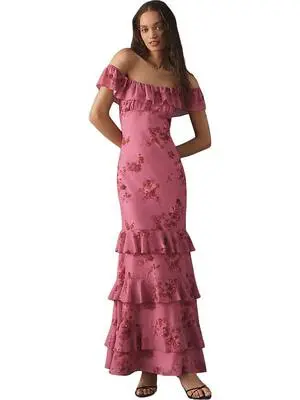 Bhldn Elara Ruffle Chiffon Maxi Dress - Raspberrywatercolorfloral