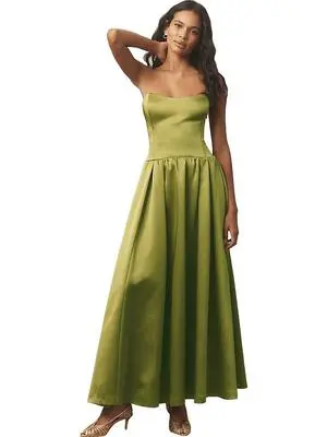 Bhldn Miley Strapless Drop-Waist High-Shine Satin Maxi Dress Olive Green