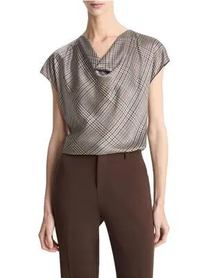 VINCE Pressed Plaid Silk Cowl-Neck Blouse