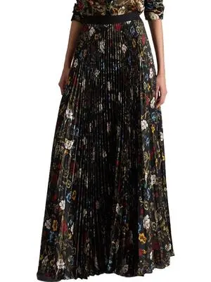 Alice + Olivia Katz Floral Pleated Maxi Skirt - Black