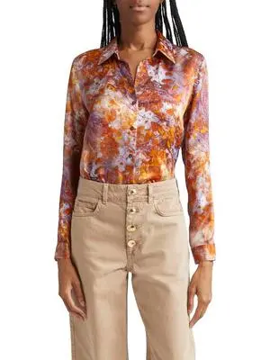 L'Agence Tyler Leaf Print Silk Shirt - Mauve Multi Autumn Leaves