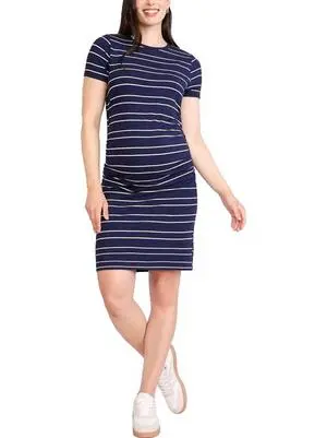 Motherhood Maternity Crewneck Short Sleeve Bodycon Mini Dress - Peacoat & White Stripe