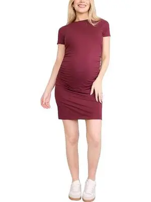 Motherhood Maternity Crewneck Short Sleeve Bodycon Mini Dress - Tawny Port