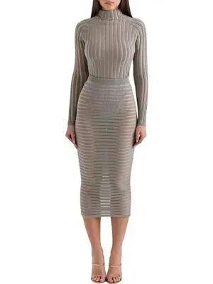 House Of Cb Striped Knit Midi Skirt - London Fog