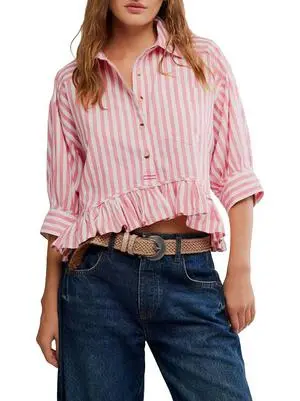 Free People Striped Ruffle Hem Button-up Shirt - Coral Combo