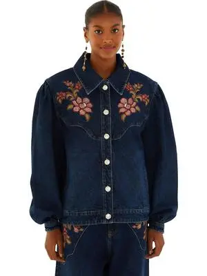 FARM RIO PROVISÓRIO Denim Floral Embroidered Jacket - Renata Floral