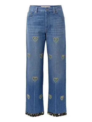 Valentino Garavani Embroidered Embellished High-rise Straight-leg Jeans - Blue