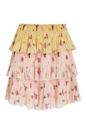 Red Valentino Tiered Pleated Floral-print Georgette Mini Skirt - Pastel Pink