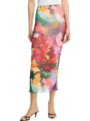 Aqua Floral Mesh Midi Skirt - Multi