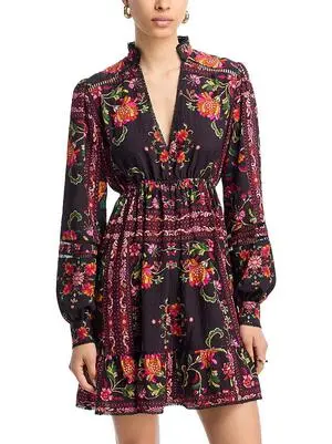 Aqua Floral Border Print Mini Dress - Black Multi
