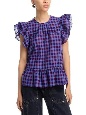Aqua Flutter Sleeve Plaid Top - Blue/red